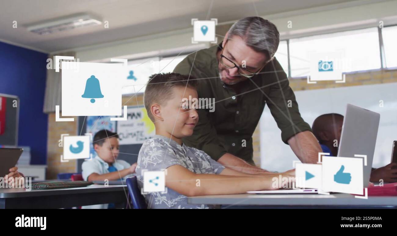 Image of network of connections with icons over diverse schoolboy and ...