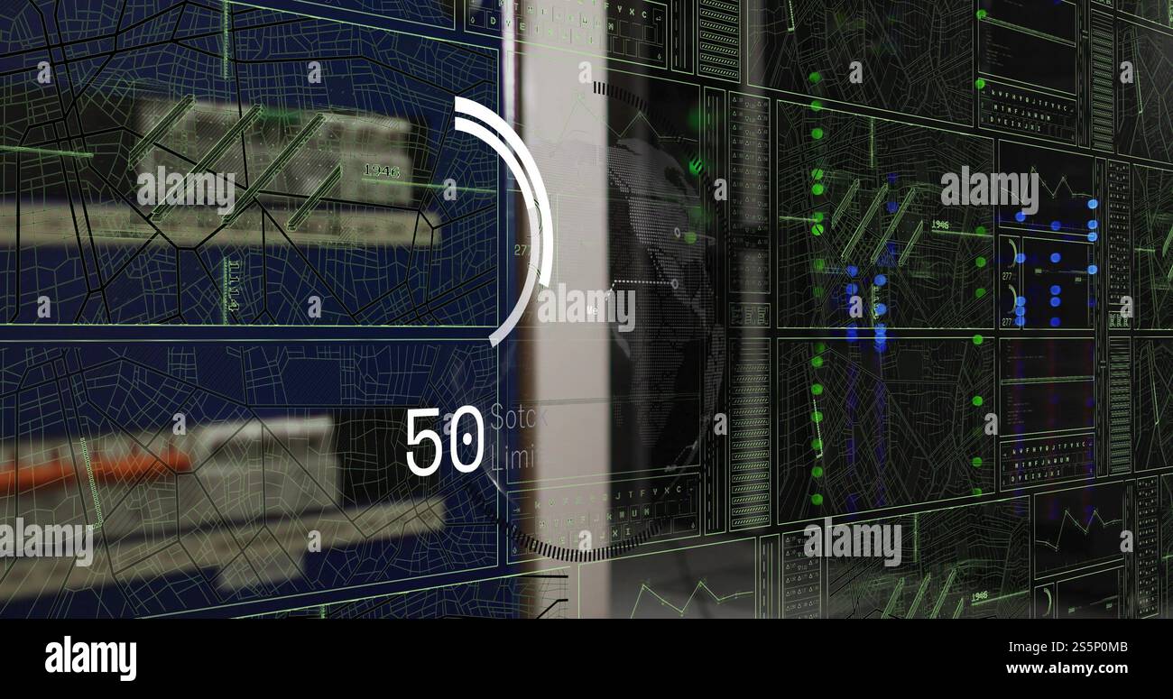 Processing Data And Analyzing Graphs And Maps On Multiple Screens Stock