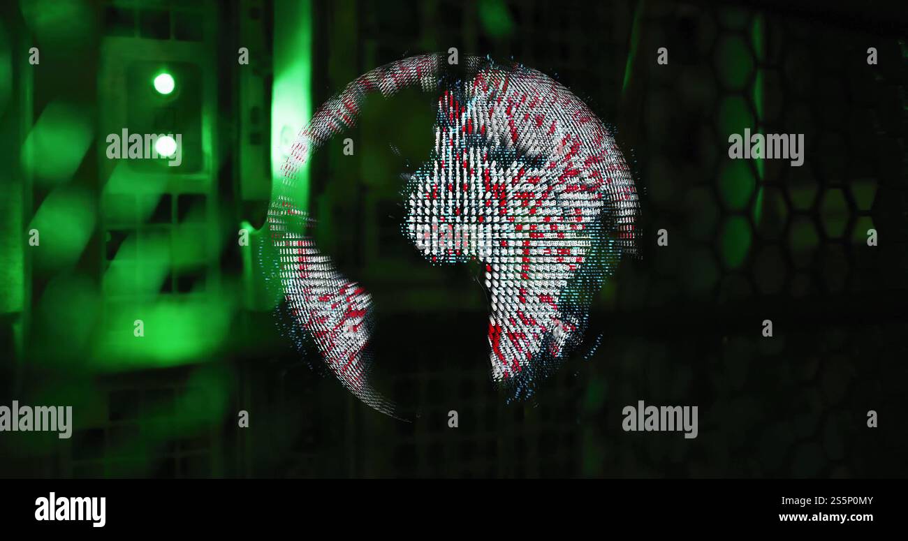 Green digital data processing image over server racks in dark room ...