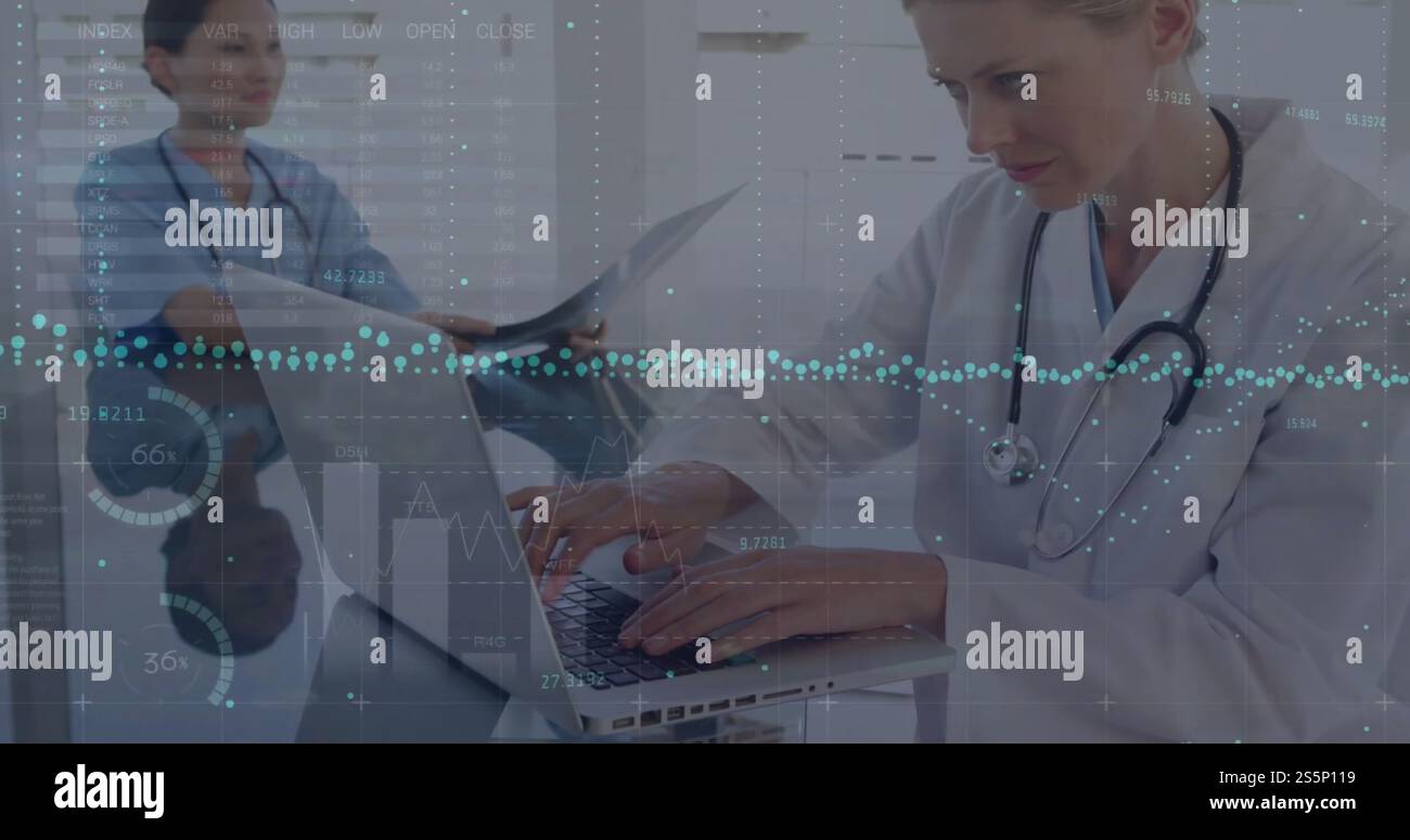 Image of financial data processing over diverse female doctors working ...