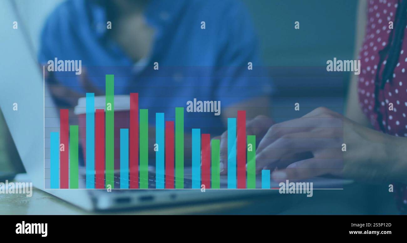 Image of graph processing data over happy diverse male and female colleague at office meeting ...