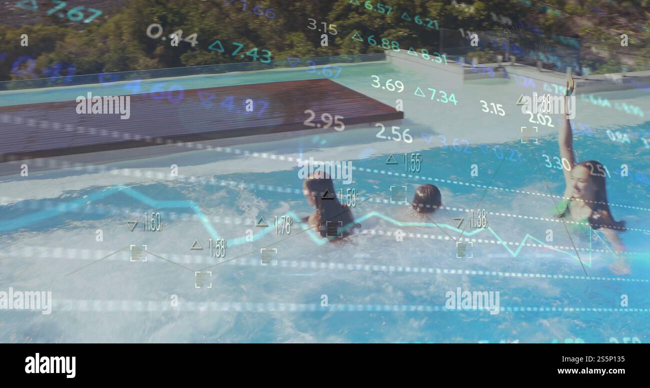 Image of stock market and diagrams over happy diverse friends swimming ...