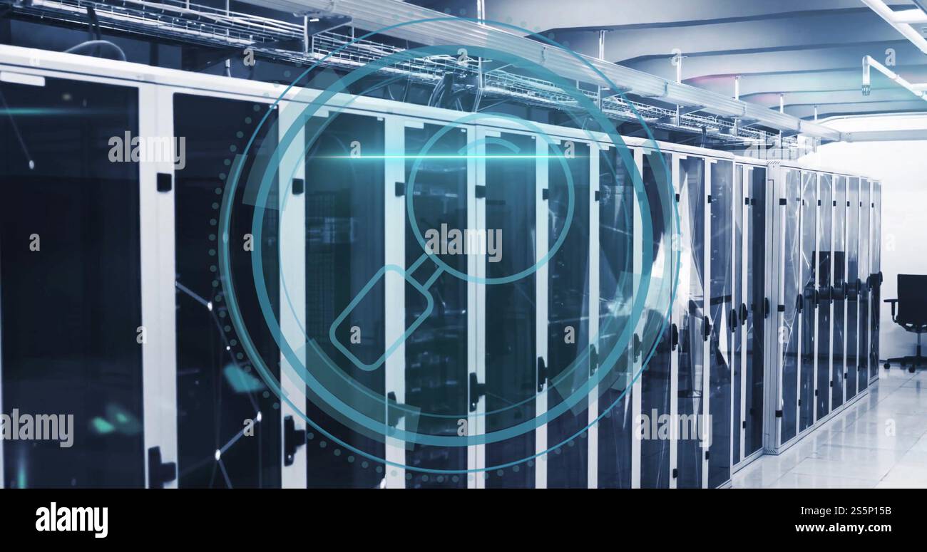 Image of scope with search icon and data processing over computer servers Stock Photo - Alamy