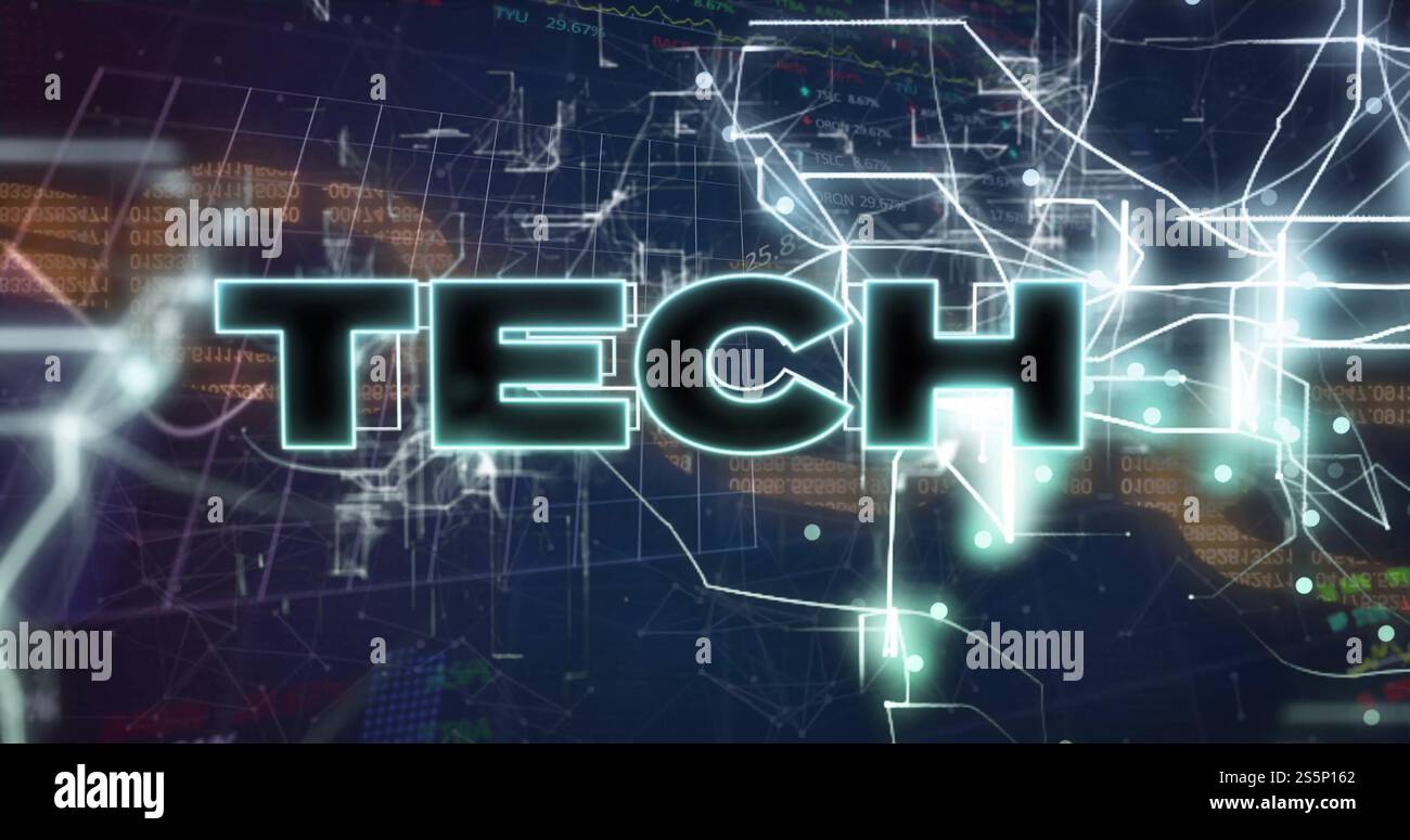 Image of tech text and data processing over chain Stock Photo - Alamy