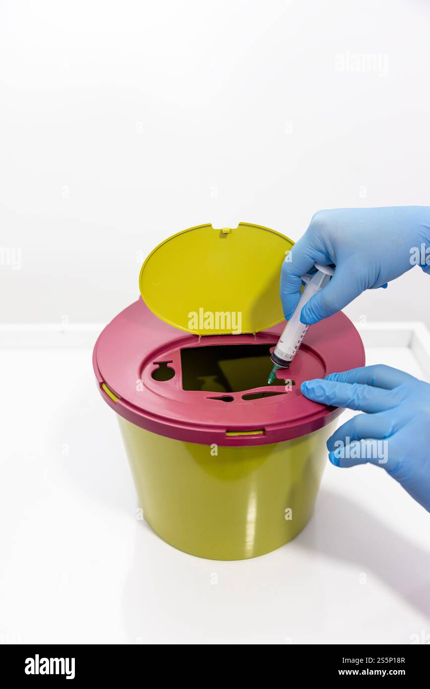 Medical garbage can. Container for hazardous waste in hospital. Throw ...