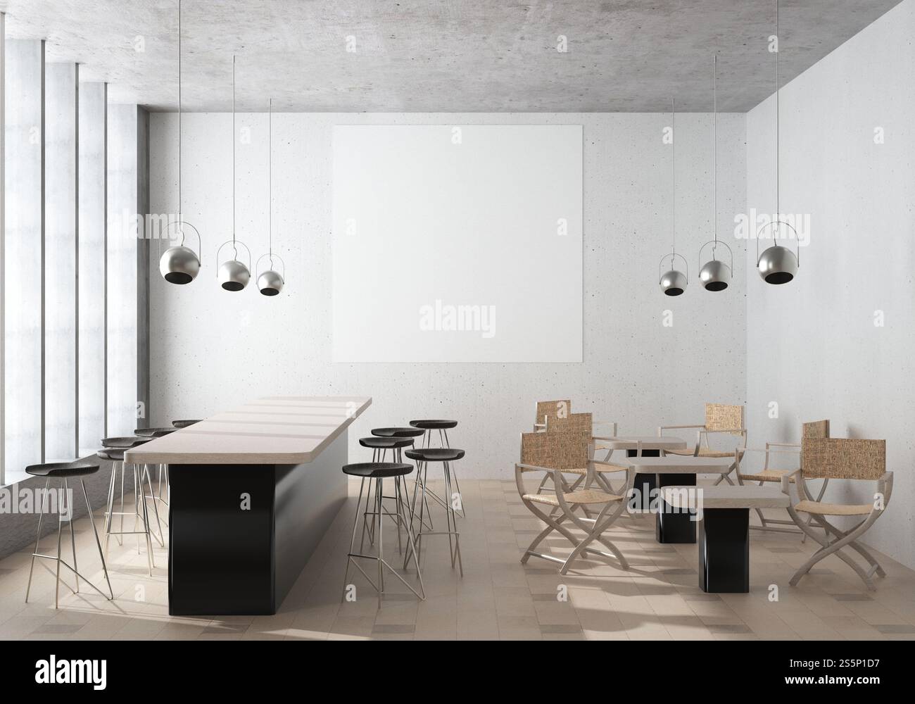 3D illustration mockup poster on whti wall of canteen in building ...