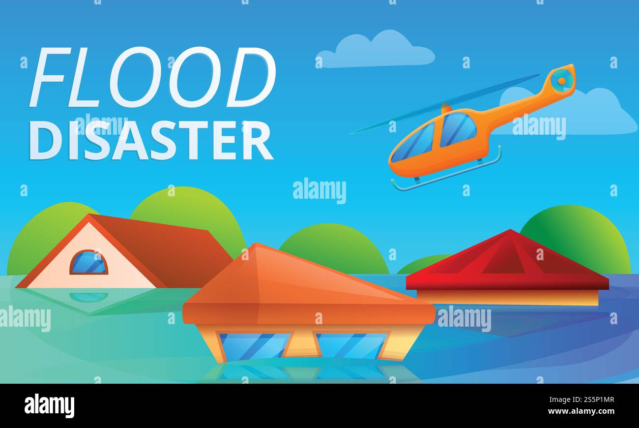 Flood disaster concept banner. Cartoon illustration of flood disaster ...