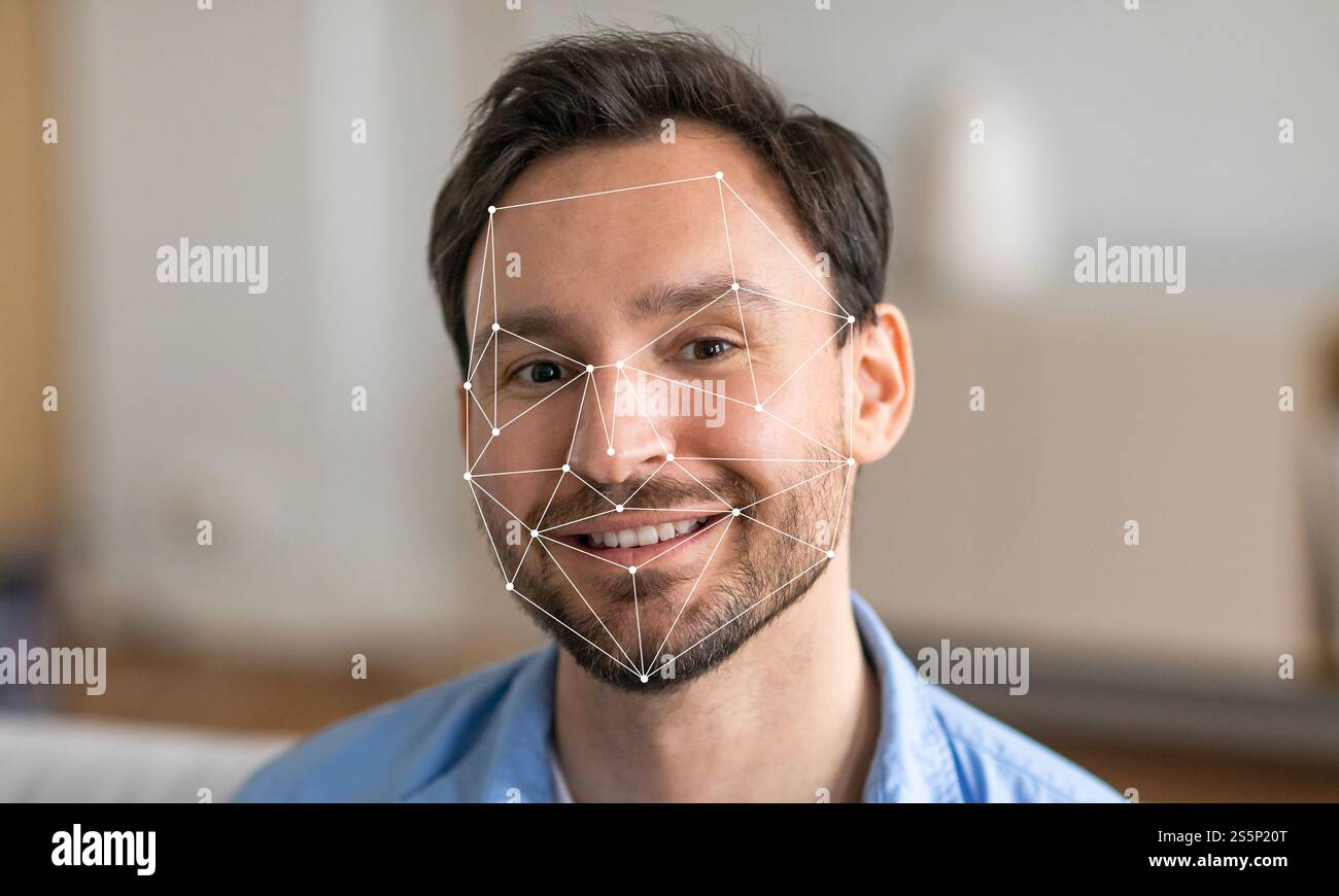 Facial recognition technology demonstrating identification system on a ...