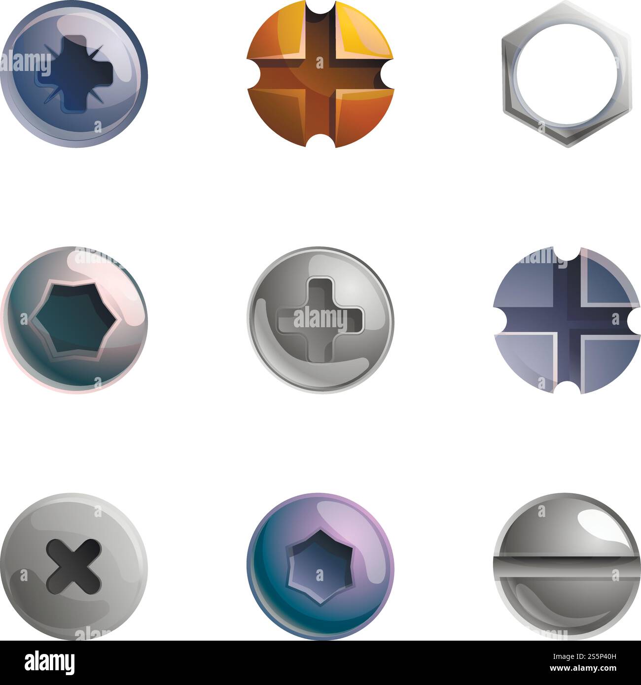 Metal screw head icon set. Cartoon set of 9 metal screw head vector ...