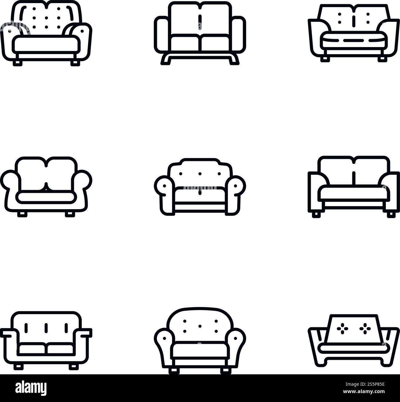 Home sofa icon set. Outline set of 9 home sofa vector icons for web ...