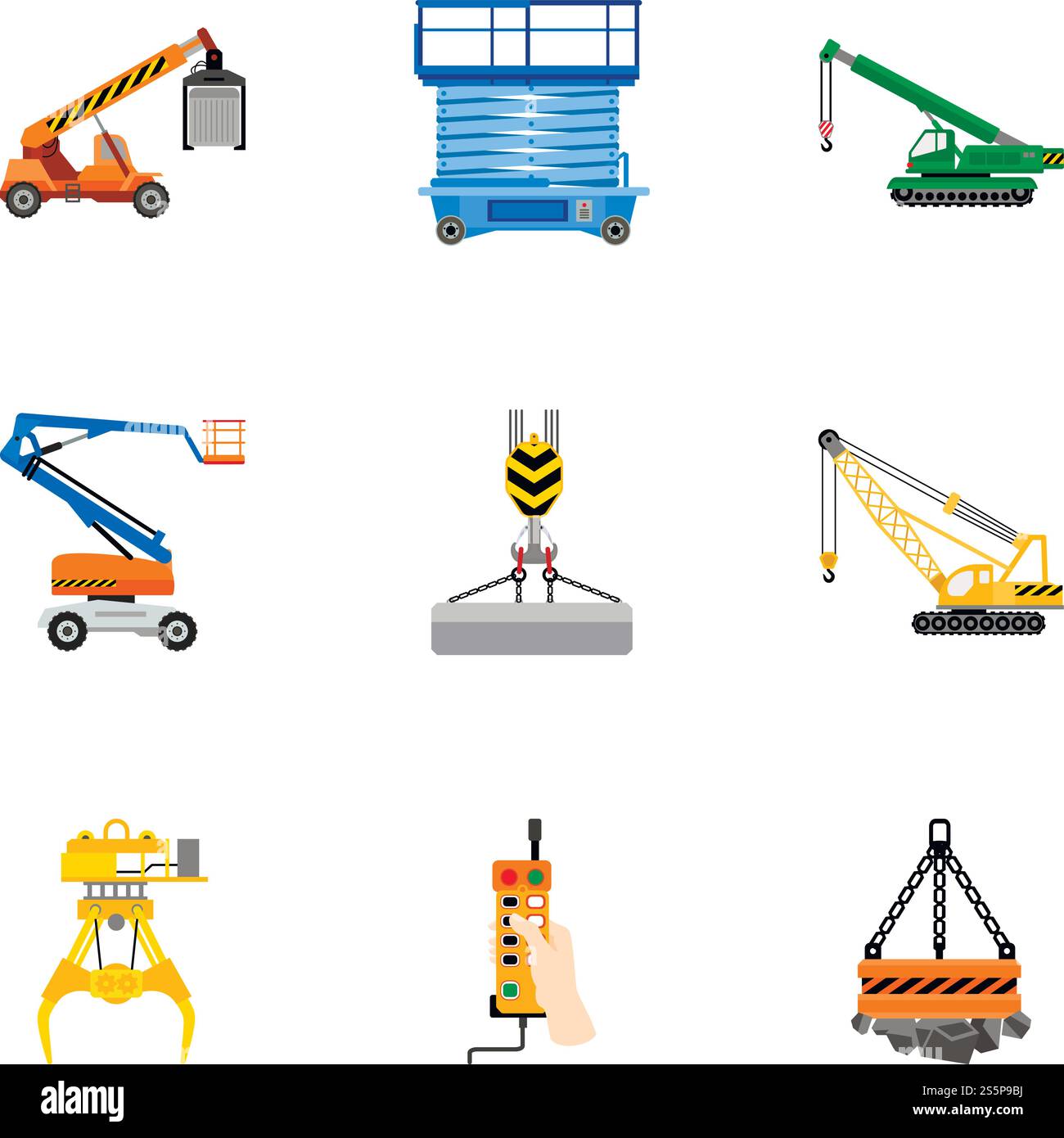 Industrial lift machine icon set. Flat set of 9 industrial lift machine vector icons for web ...