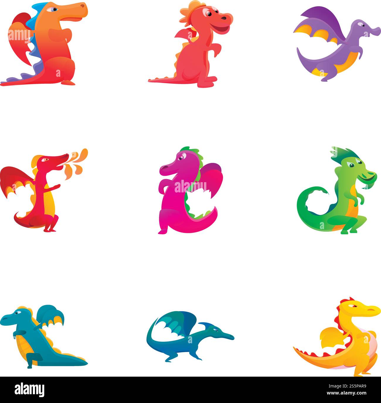 Funny dragons icon set. Cartoon set of 9 funny dragons vector icons for ...