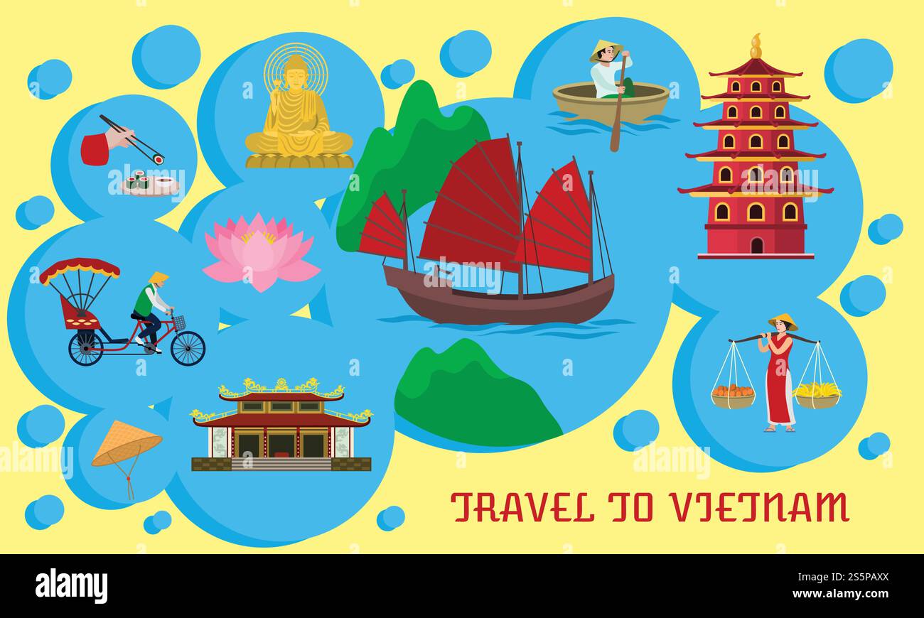 Vietnam landmark concept banner. Flat illustration of Vietnam landmark ...