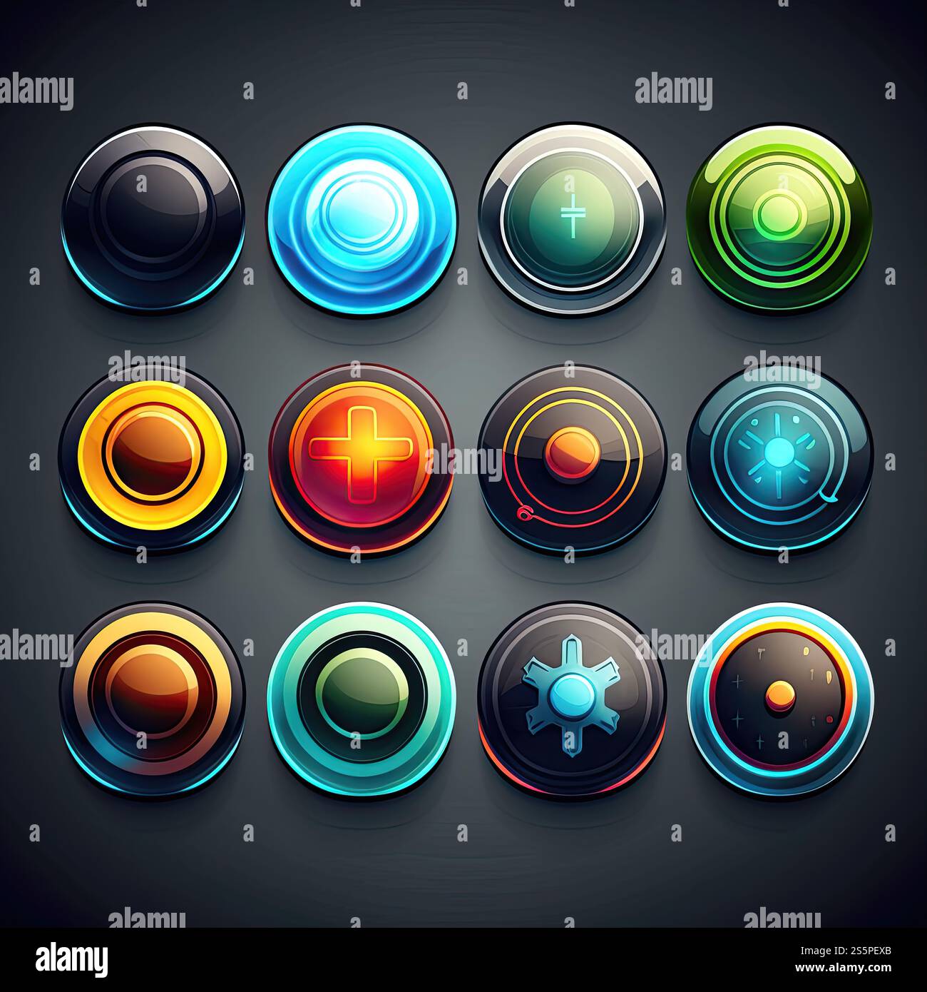 colorful round game button ai generated. glossy frame, banner , design ...