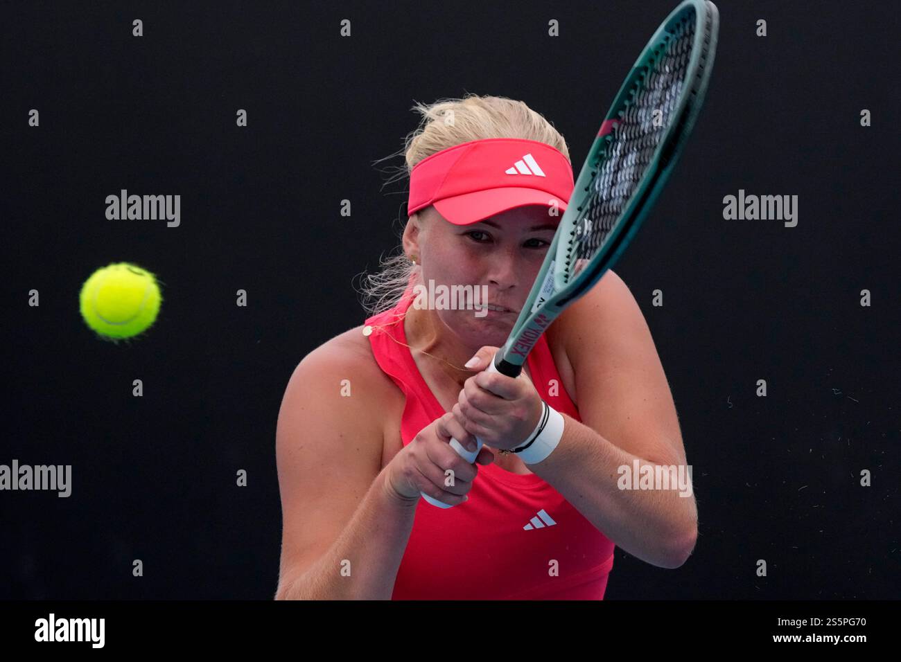 Clara Tauson of Denmark plays a backhand return to Tatjana Maria of Russia during their second ...