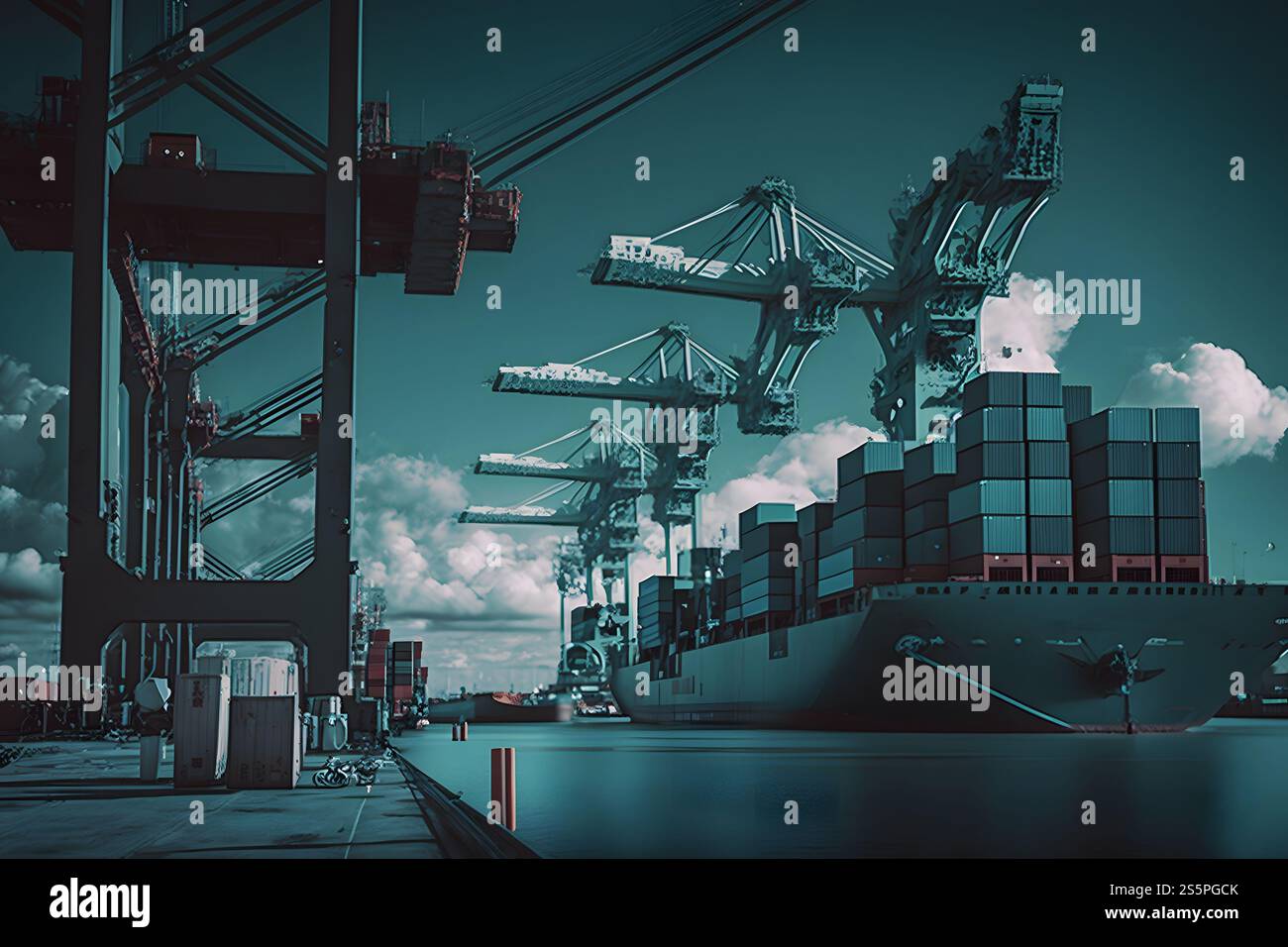 Crane loading cargo container import container ship in the international terminal logistic sea ...