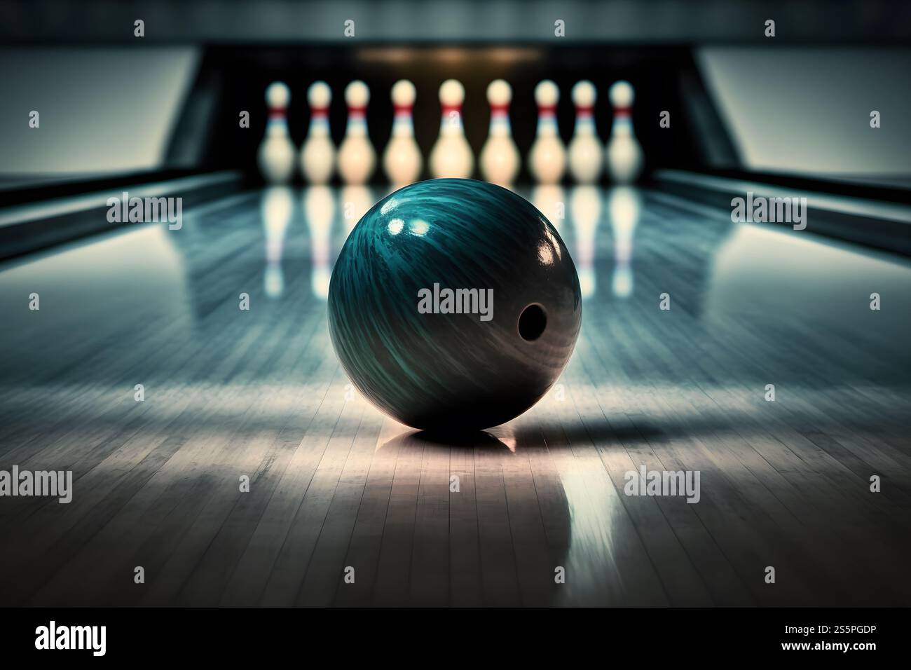 Bowling ball lies on lane start position for bowling game in club ...