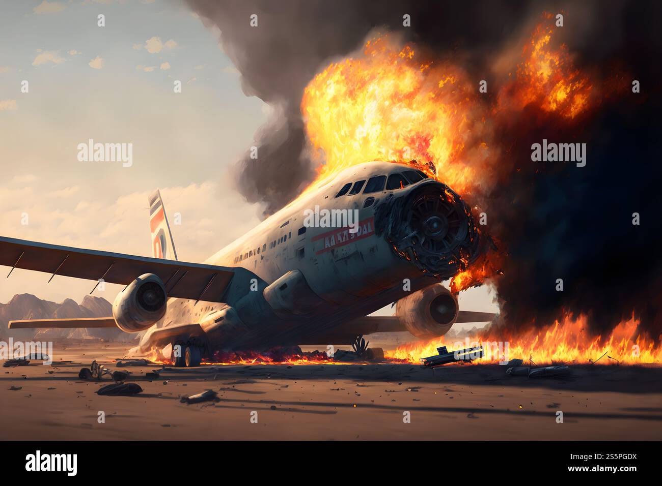 Burning airplane on fire accident in international airport. Neural ...