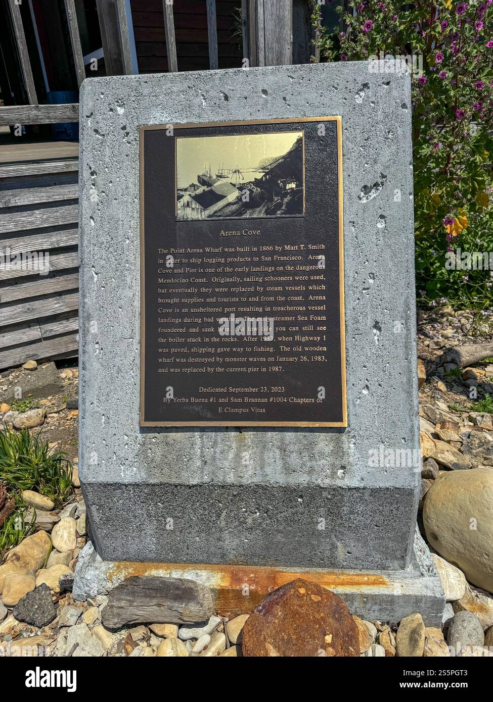Historical sign at Arena Cove in Point Arena, California Stock Photo ...