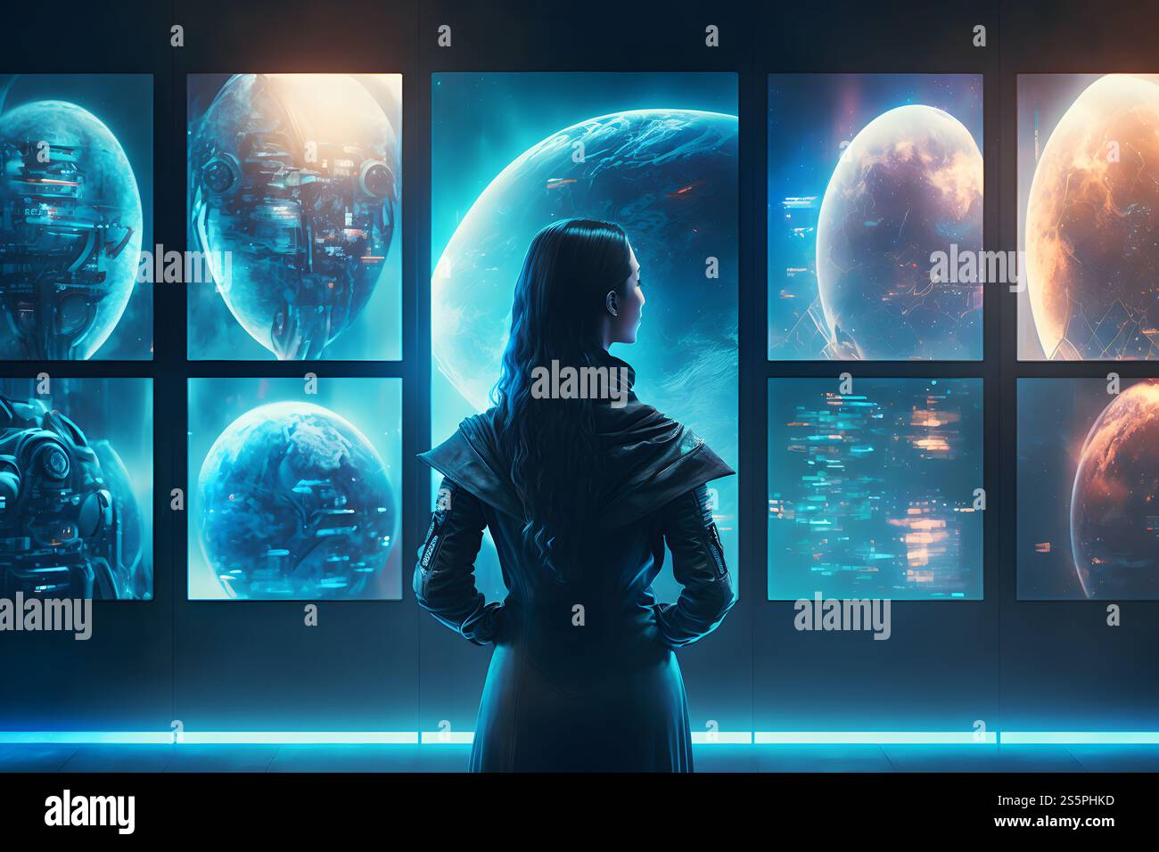 Futuristic girl astronaut on a spaceship looks into the monitors of a ...