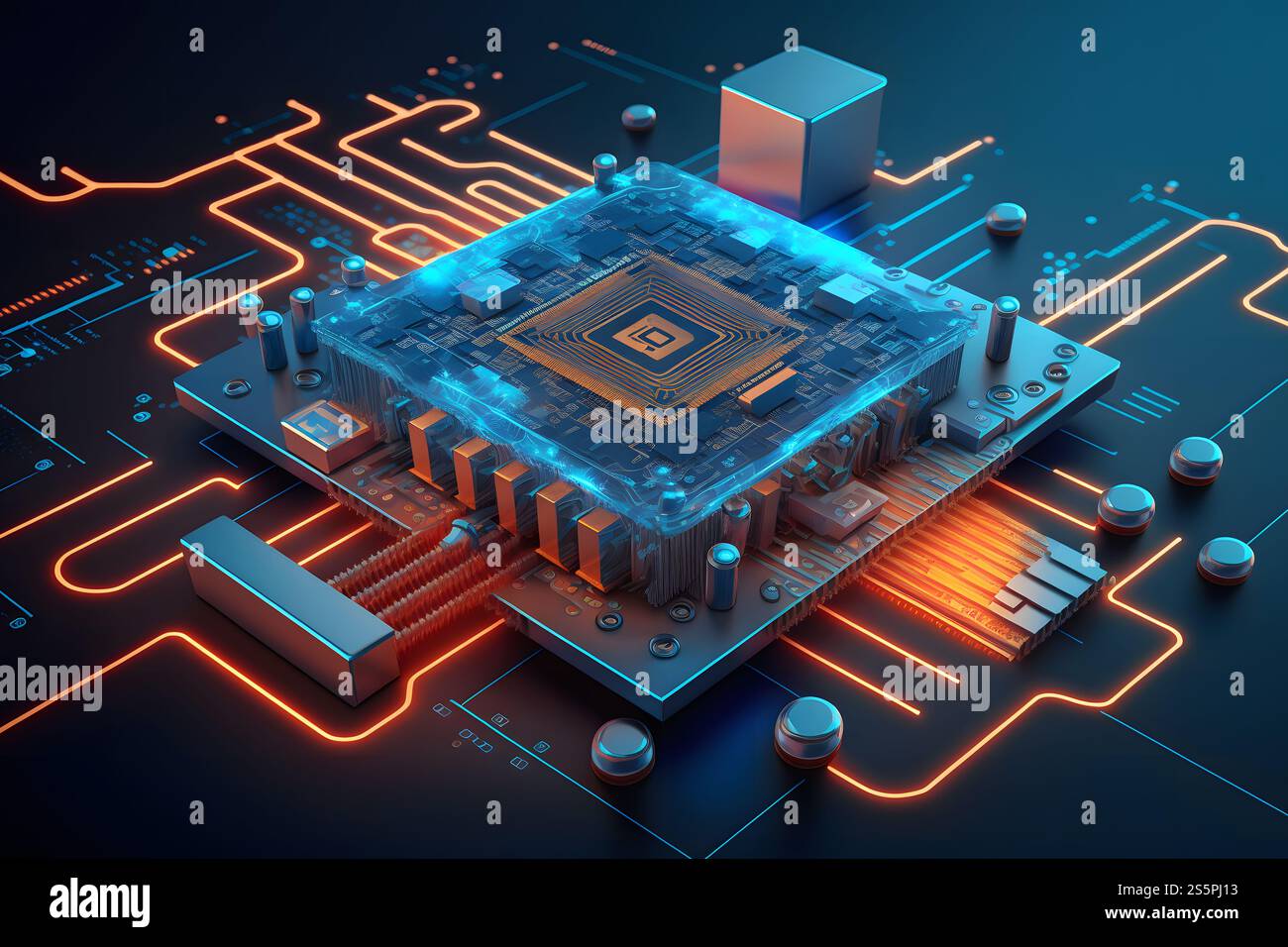 A board with chips and a gaming graphics card processor. Progressive ...