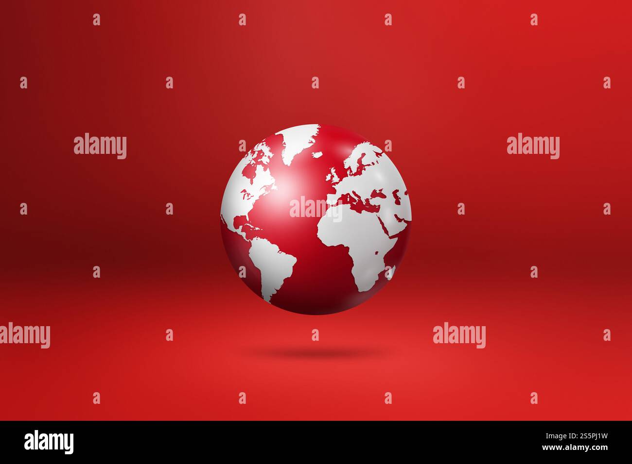 World globe, earth map, floating over a red background. 3D isolated ...