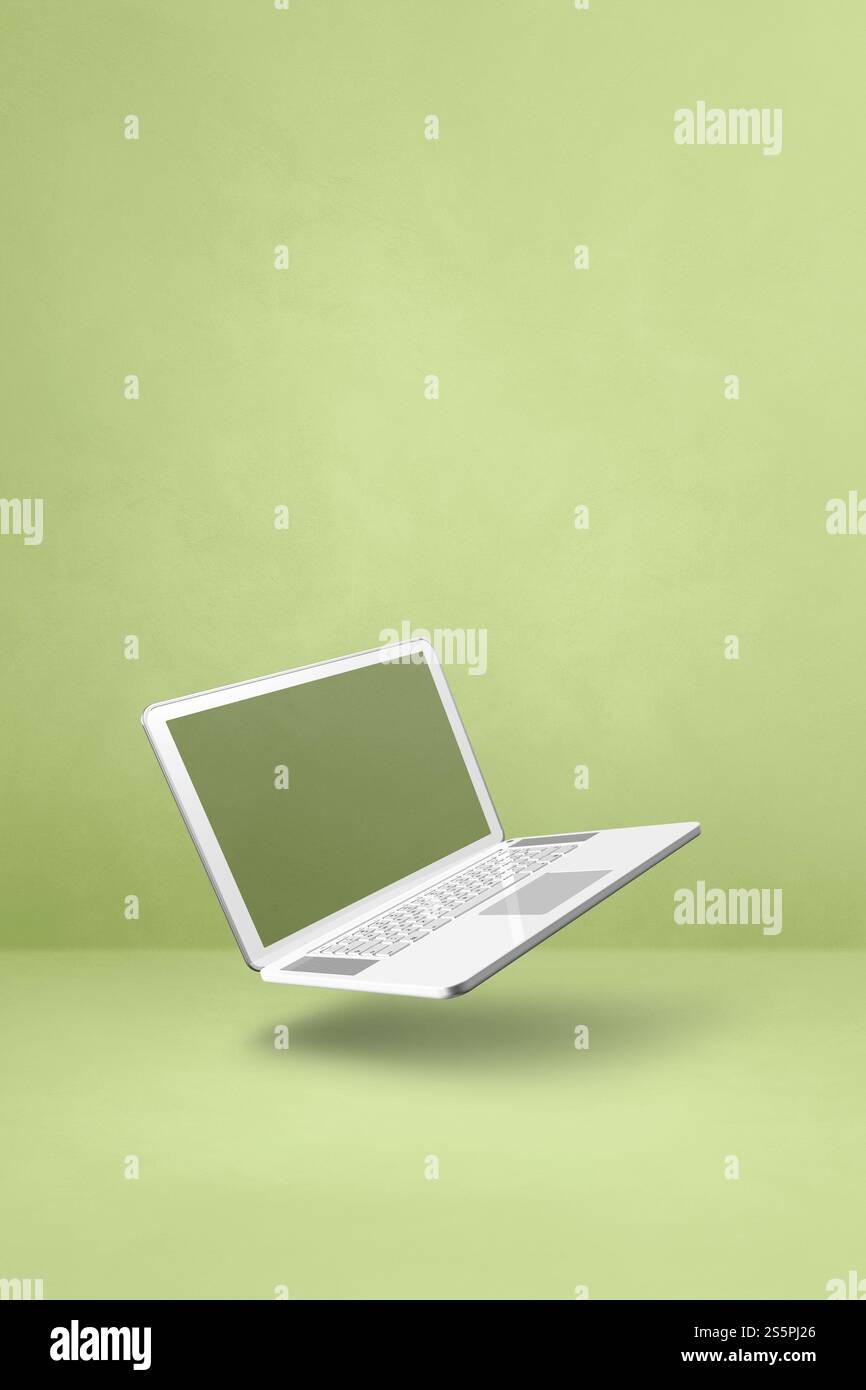 Blank computer laptop floating over a green background. 3D isolated ...
