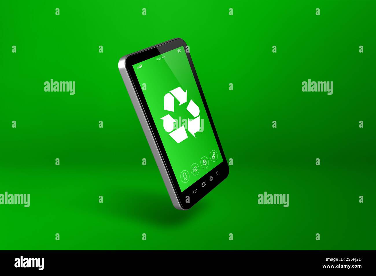 Smartphone with a recycling symbol on screen. environmental ...