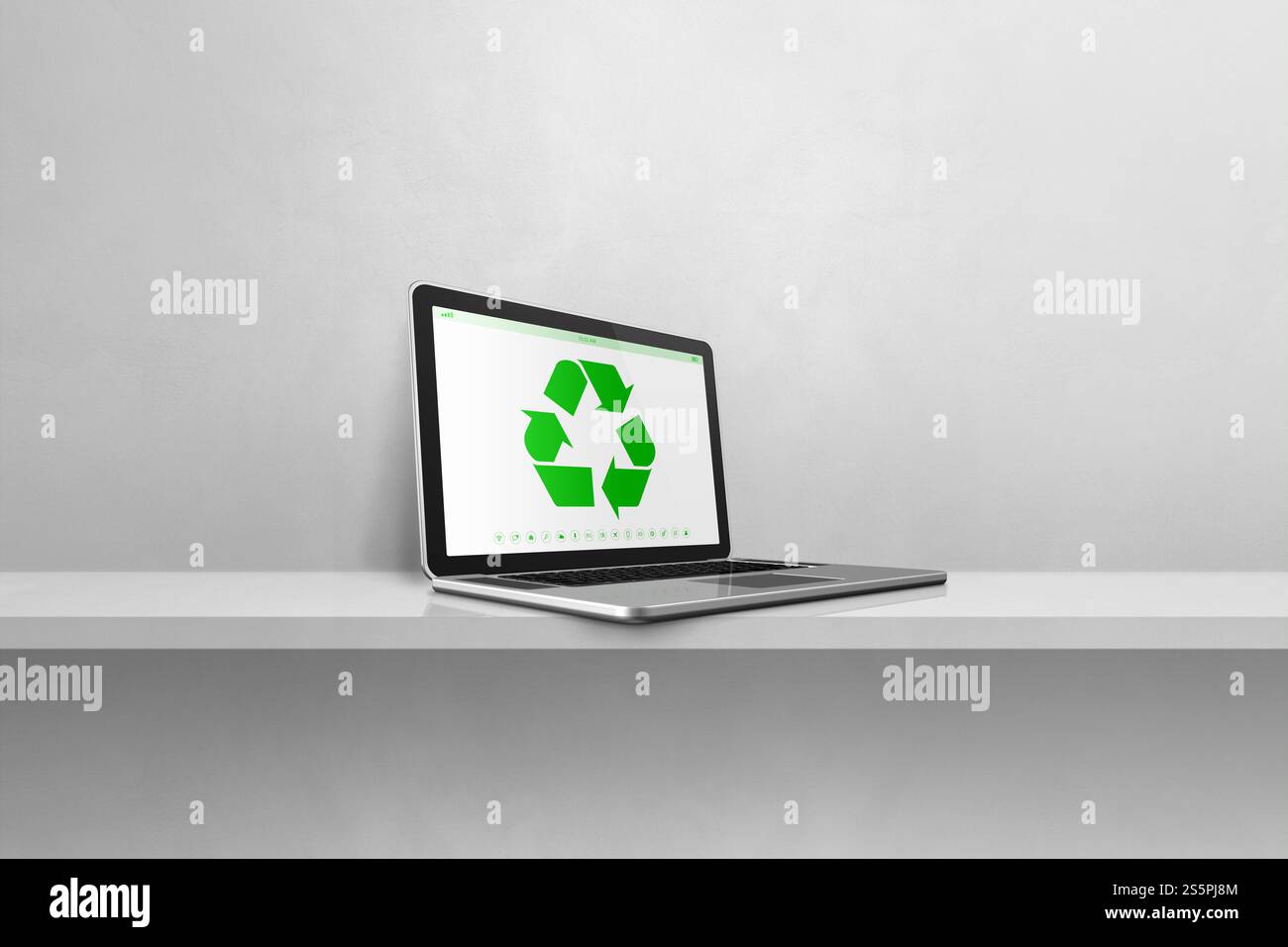 Laptop computer on a shelf with a recycling symbol on screen ...