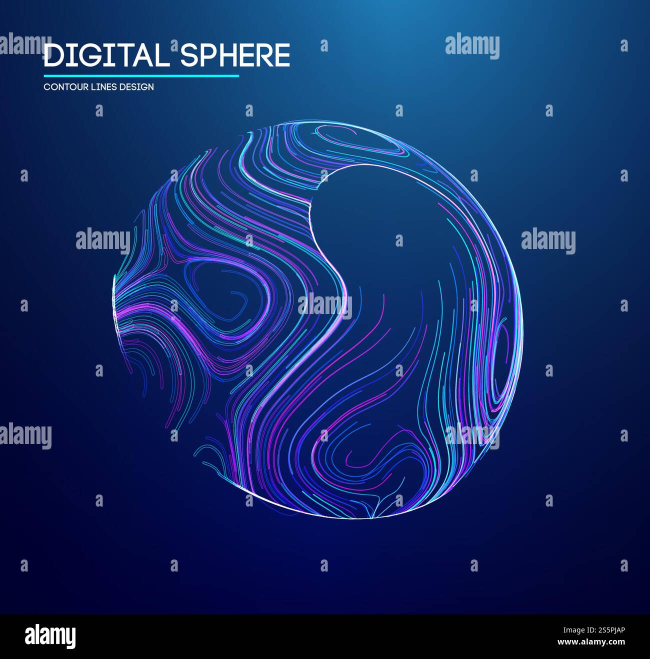 Futuristic digital sphere with intricate contour lines forming a dynamic wave pattern vector ...