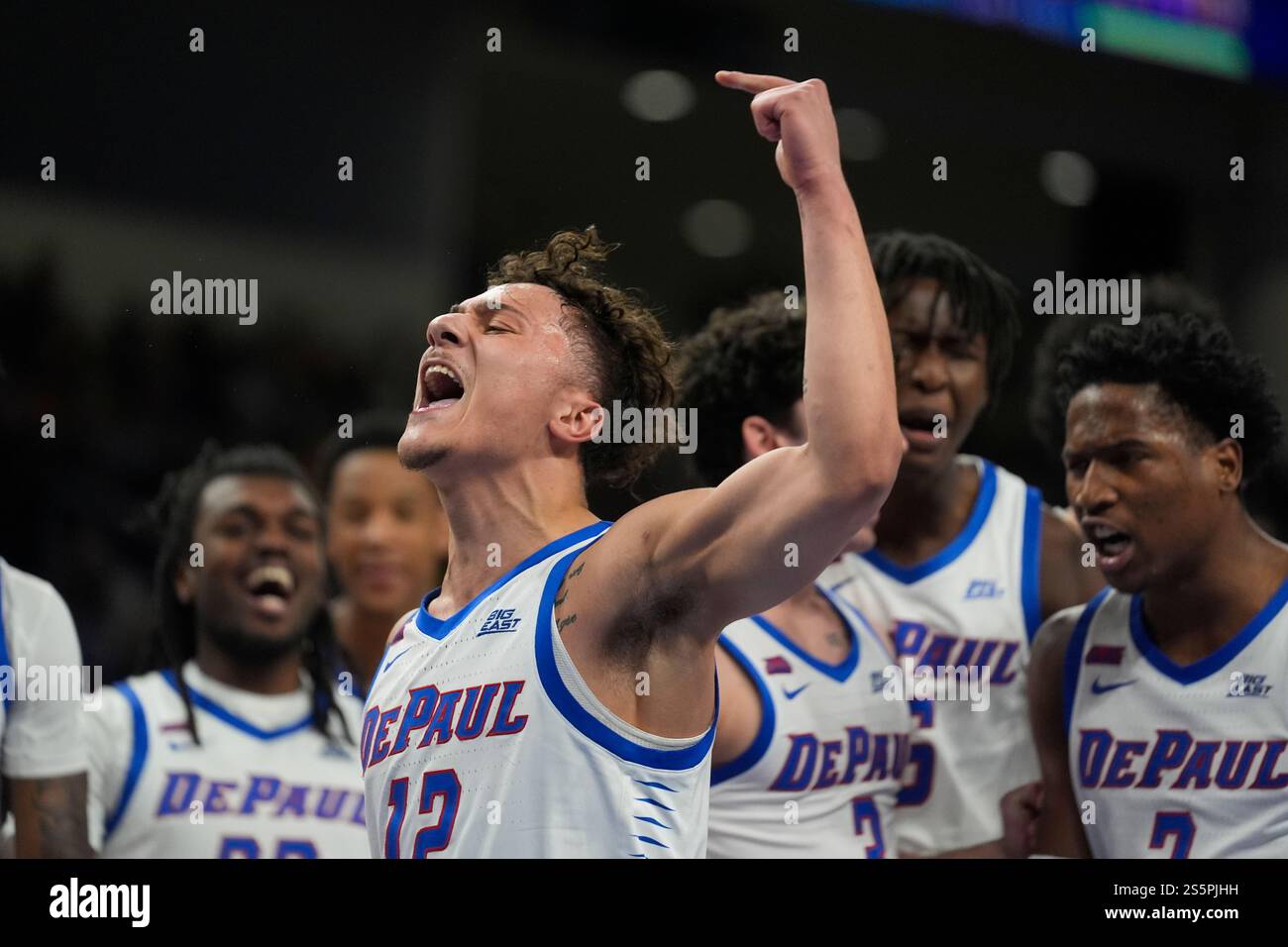 DePaul guard Jacob Meyer (12) reacts after sinking a shot during the ...