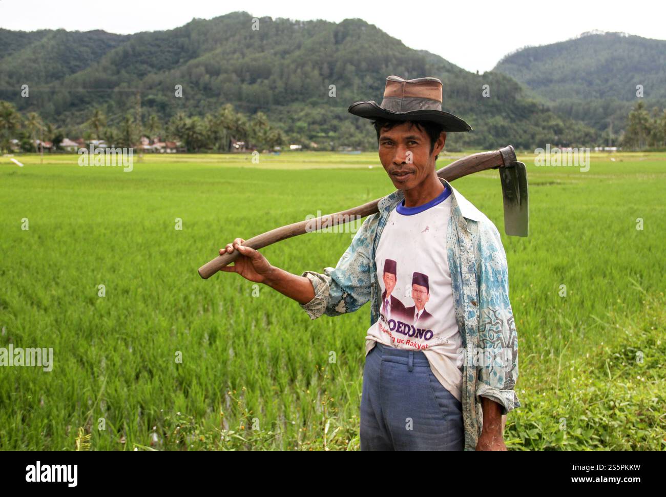Local Indonesian farmer carrying a hoe in the Harau Valley of West ...