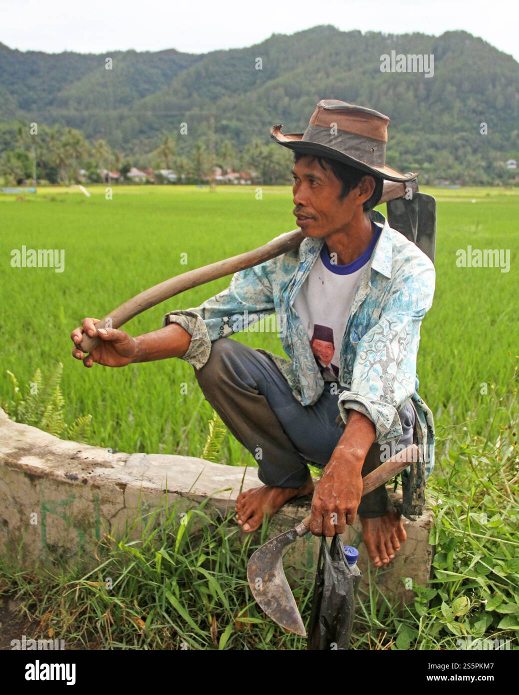 Local Indonesian farmer carrying a hoe in the Harau Valley of West ...