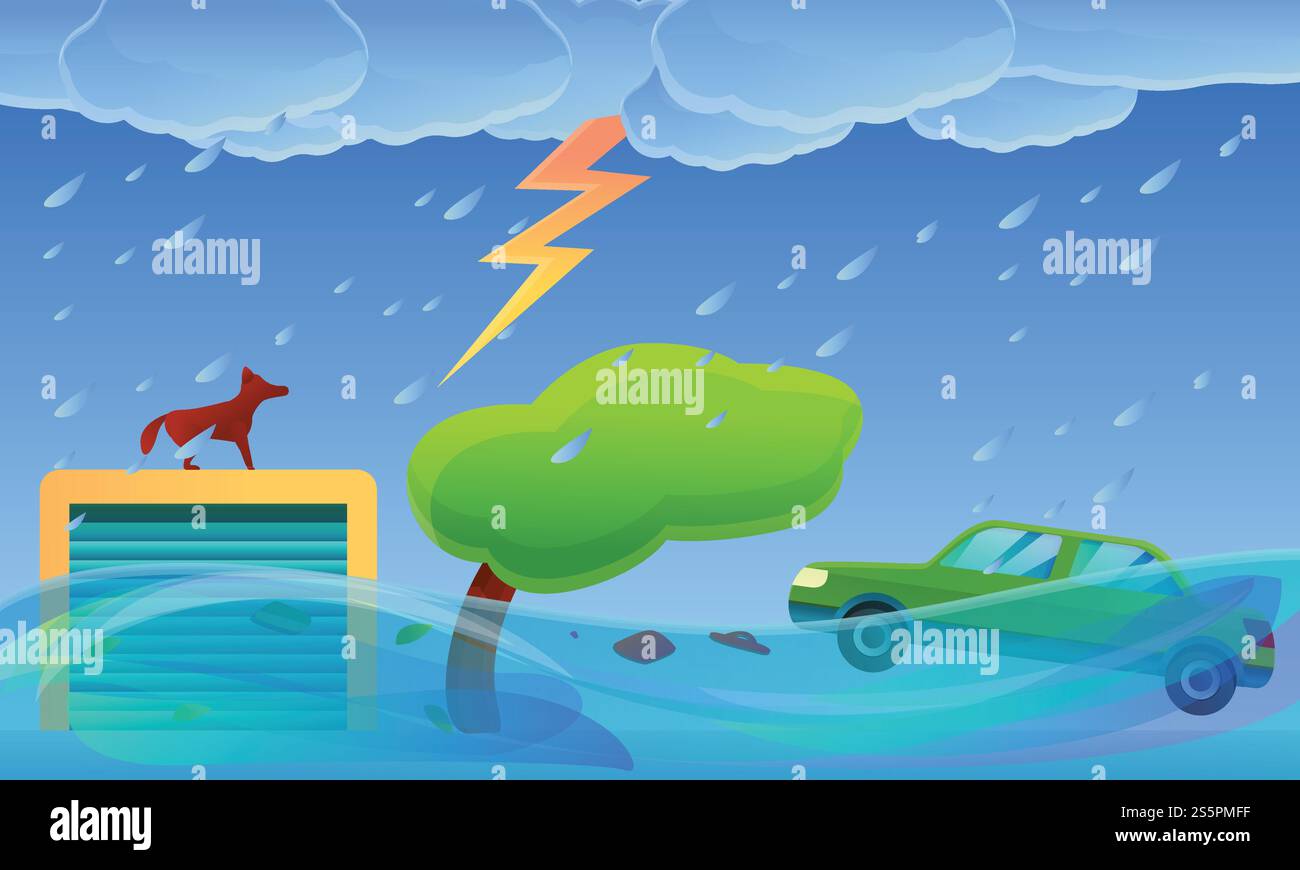 Village flood disaster concept banner. Cartoon illustration of village ...