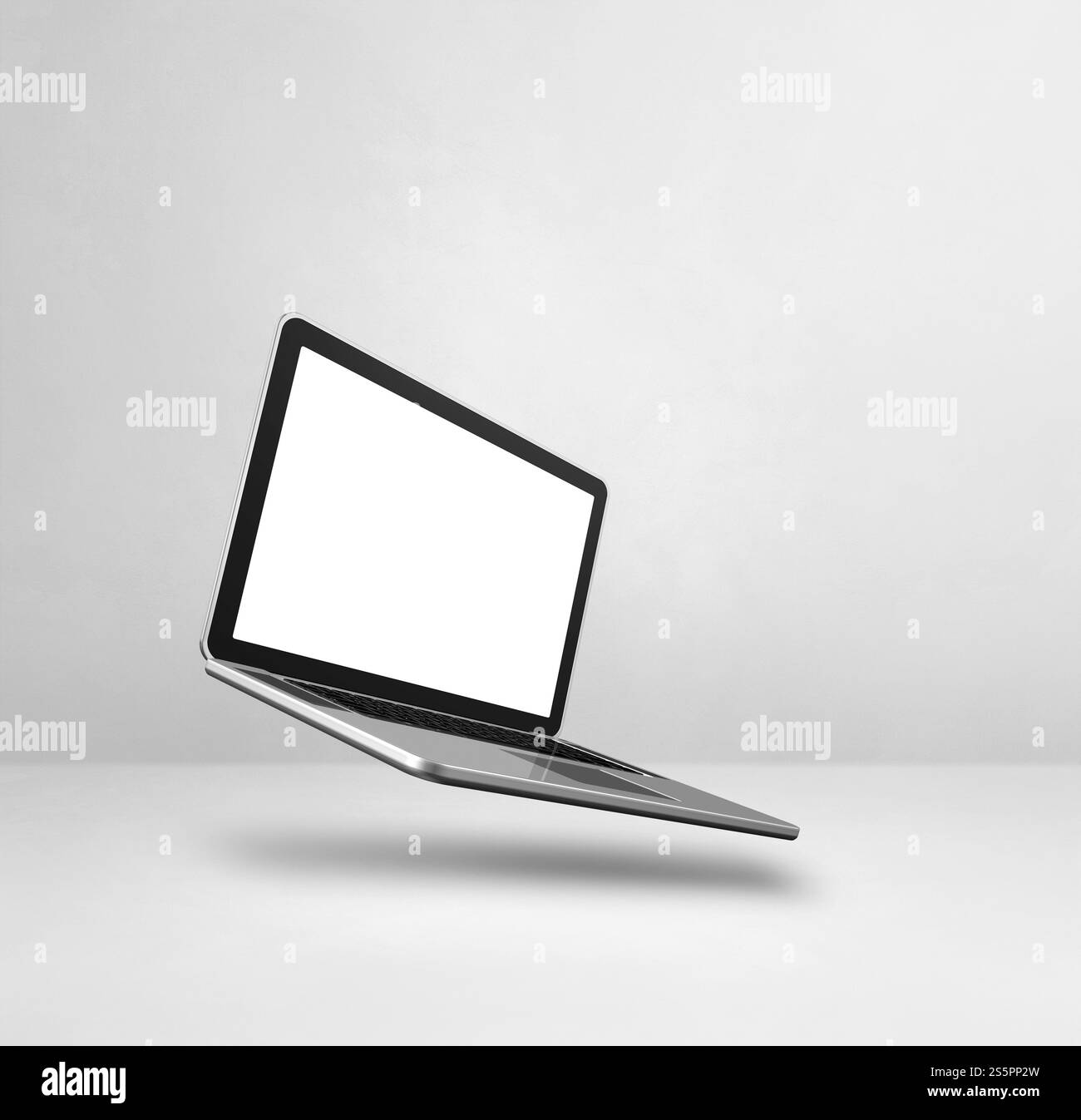 Blank computer laptop floating over a white background. 3D isolated ...