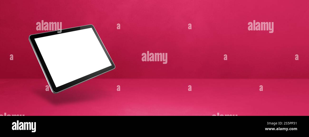 Blank tablet pc computer floating over a pink background. 3D isolated ...