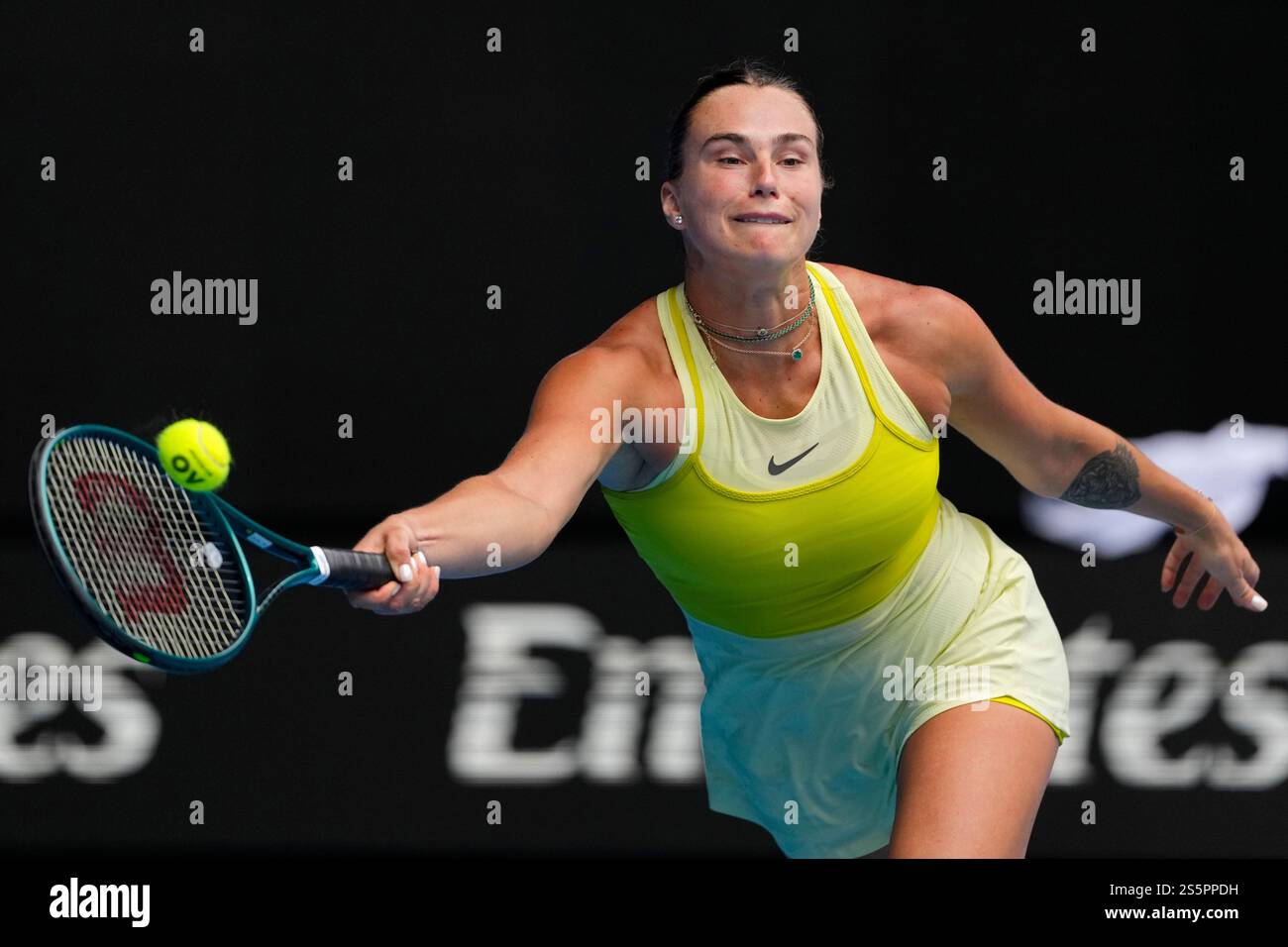 Aryna Sabalenka of Belarus plays a forehand return to Jessica Bouzas ...