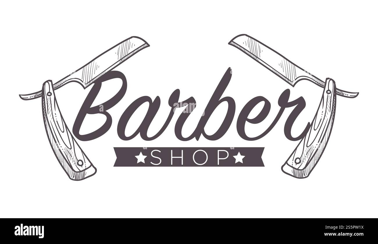 Barber shop label, isolated monochrome sketch outline illustration ...