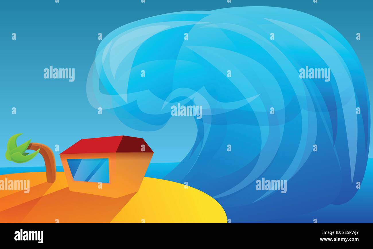 Big island tsunami concept banner. Cartoon illustration of big island ...