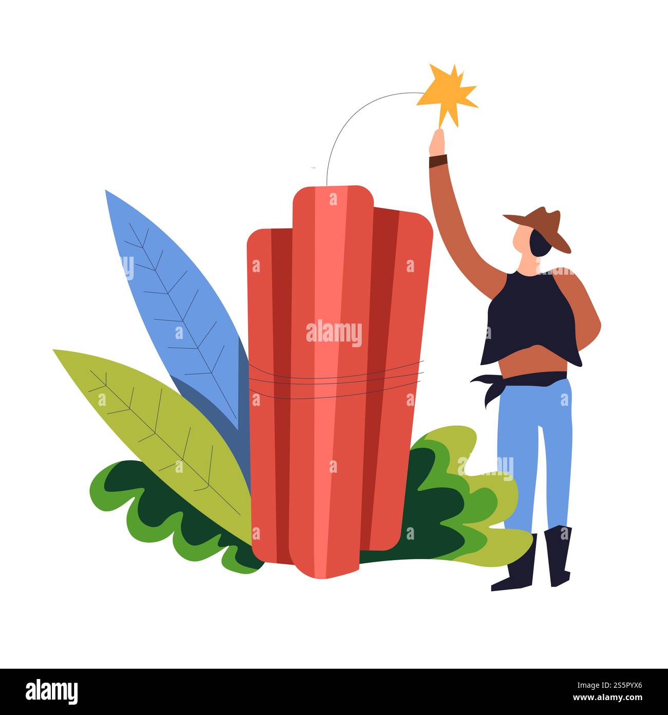 Dynamite and cowboy in bush isolated icon man and bomb with sparkle old ...