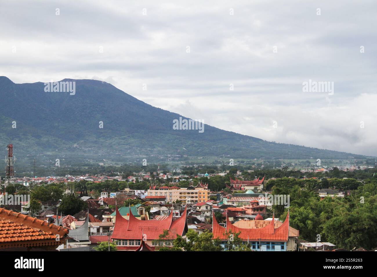 Rooftops in the town of Bukittinggi with the Sianok Valley in the ...