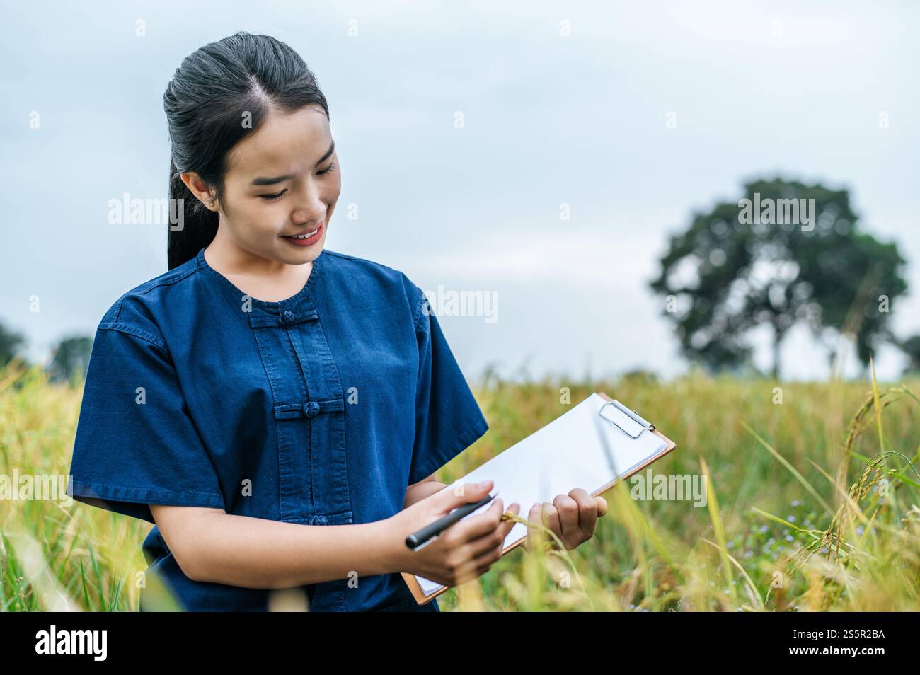 Protrait Asian Young farmer woman writing on clipboard during work on ...