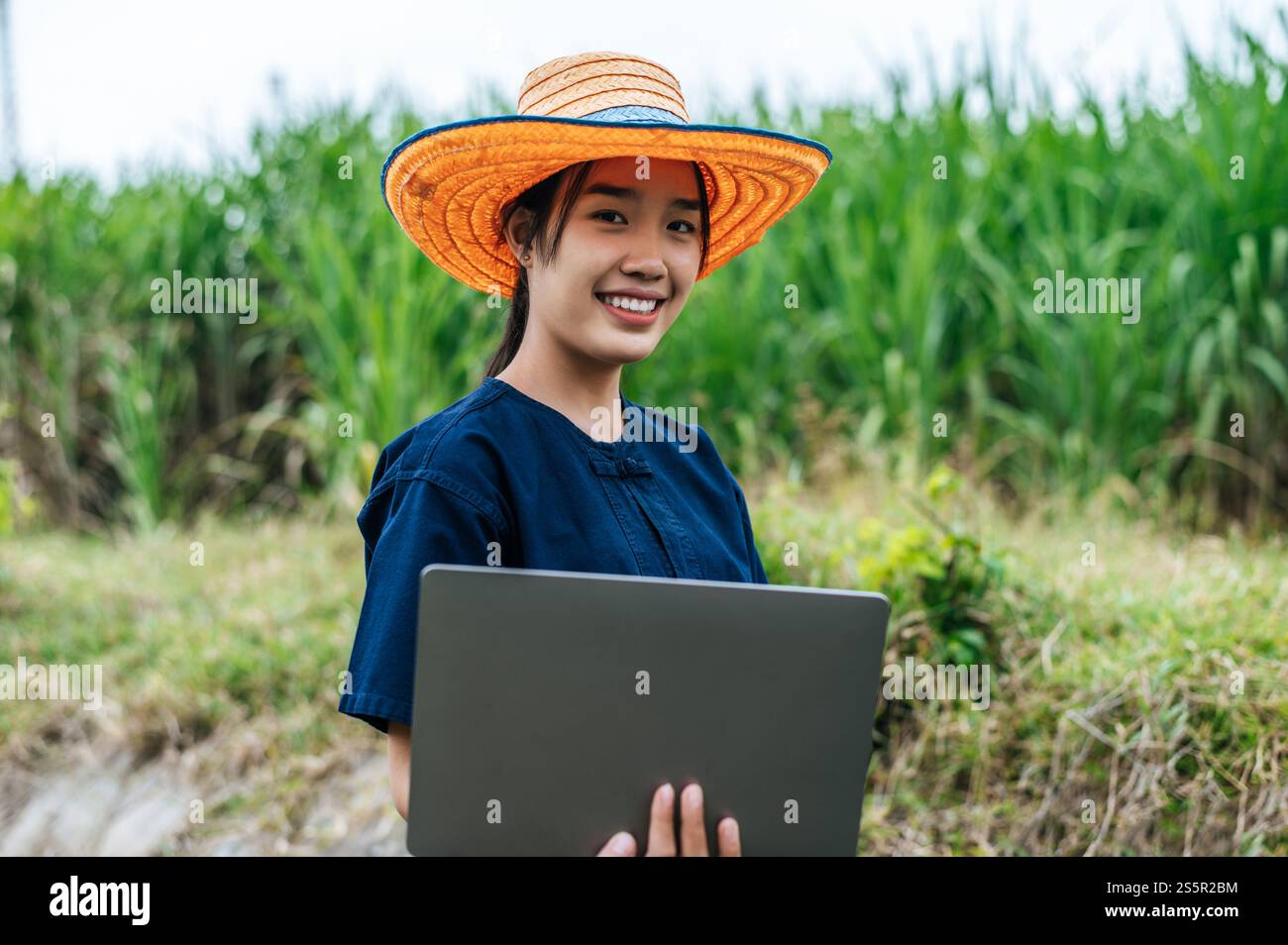 Portrait Young smart farmer woman wearing straw hat use laptop to research with smart farming ...