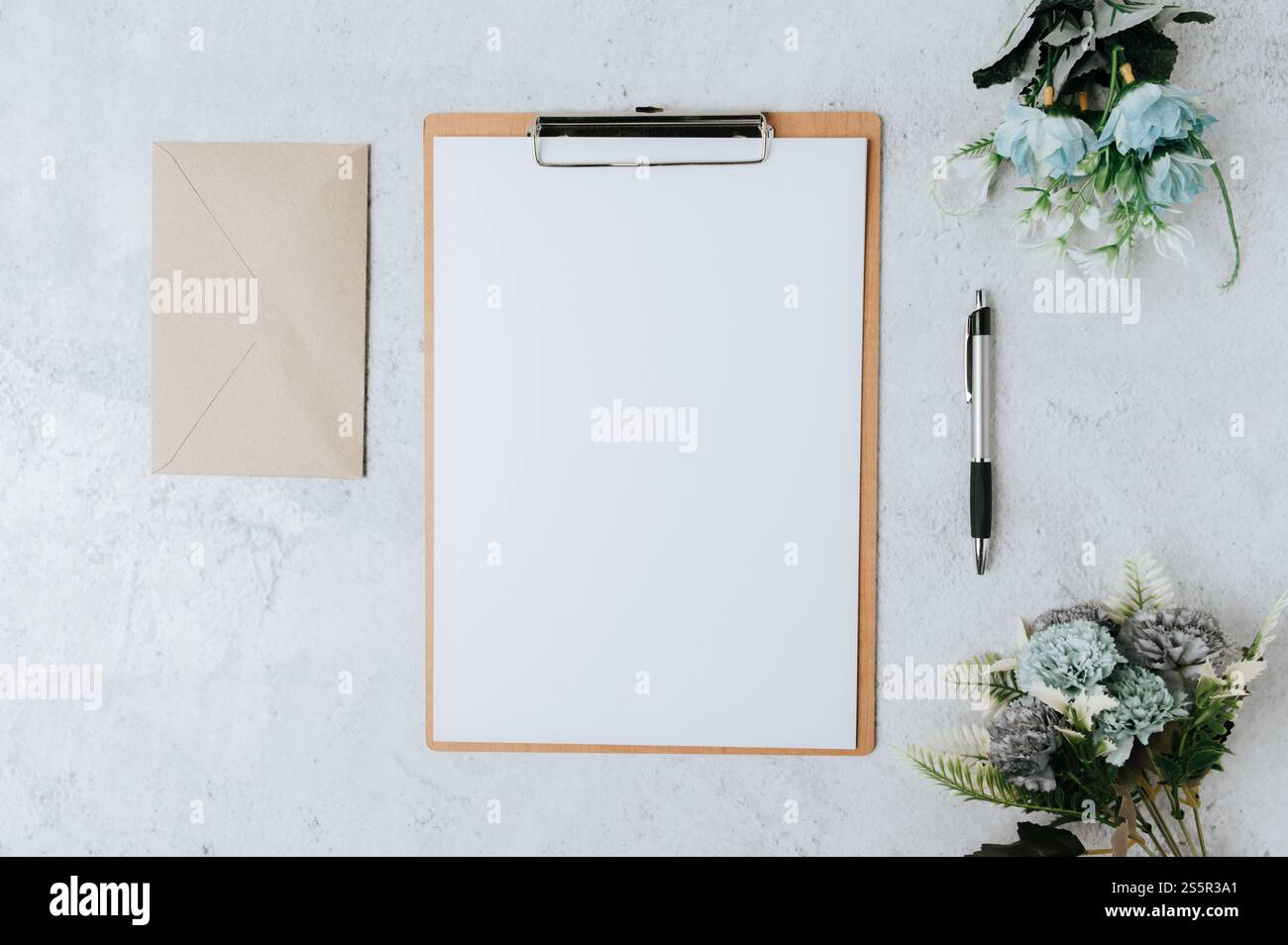 Note paper, letterhead and flowers placed on a white background Stock ...