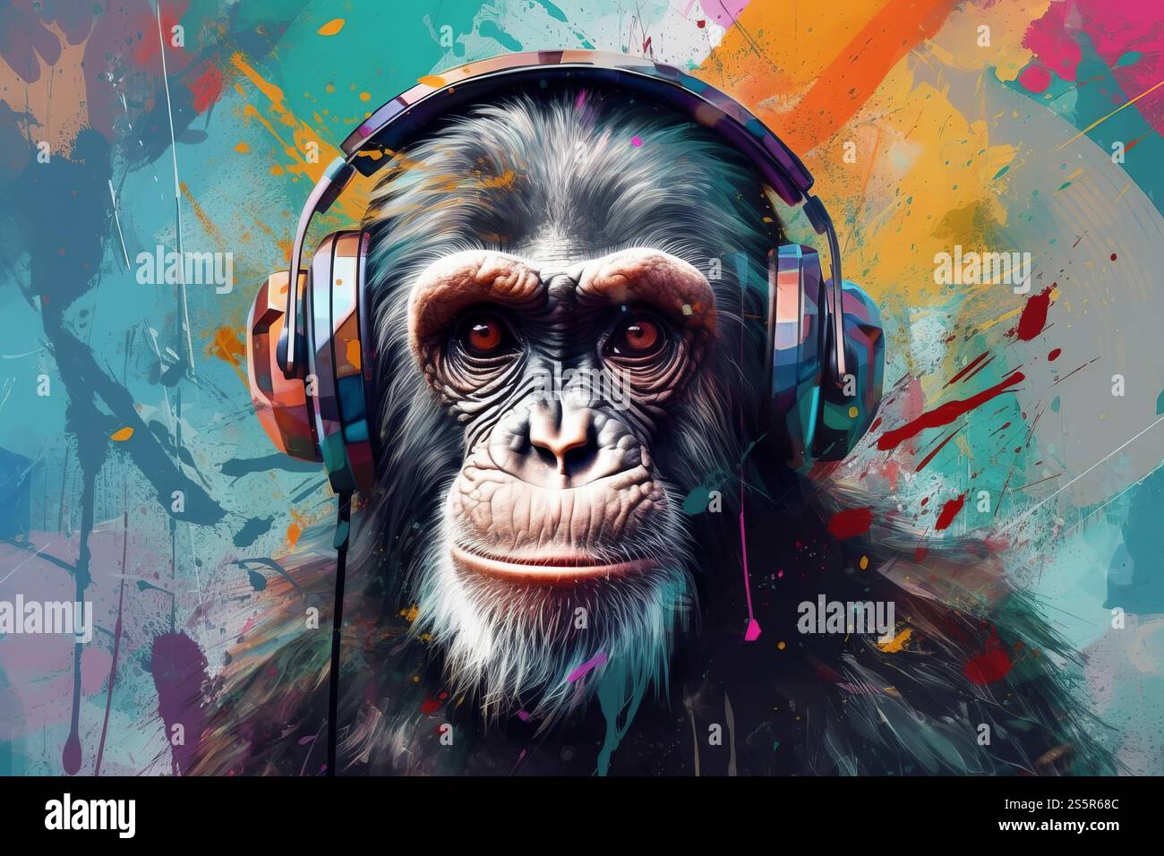 Monkey headphones color splash. Wild style. Generate Ai Stock Photo - Alamy