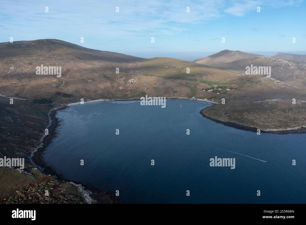 Aerial view of main bay on West Point Island, Falkland Islands Stock ...