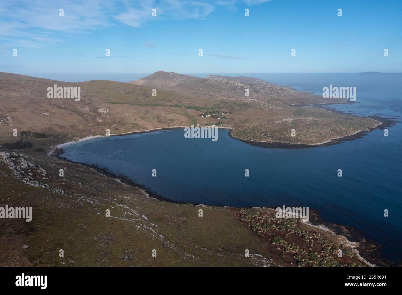 Aerial view of main bay on West Point Island, Falkland Islands Stock ...