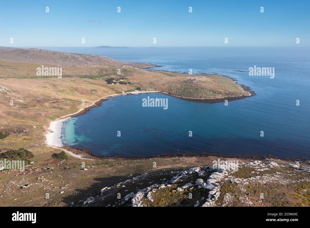Aerial view of main bay on West Point Island, Falkland Islands Stock ...