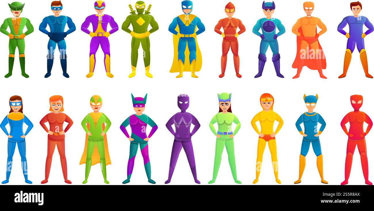 Superhero icons set. Cartoon set of superhero vector icons for web ...