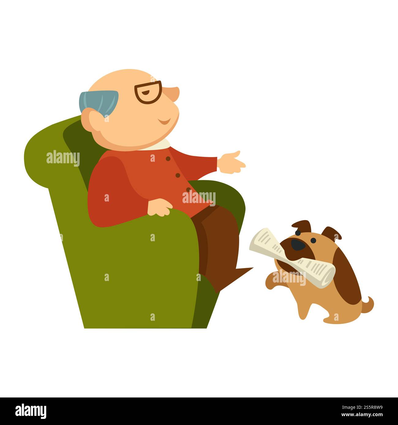 Cute brown dog, puppy fetching newspaper for smiling grandpa sitting in ...
